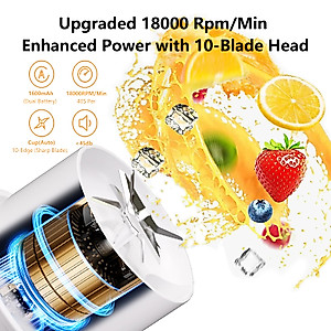 YIKHOM 12oz Portable Smoothie Blender, 10 Blades, 50W Motor, 1600mAh Battery, 3 Drinking Modes, 360 Omni-Directional Crushing, BPA-Free ABS+PCTG Material