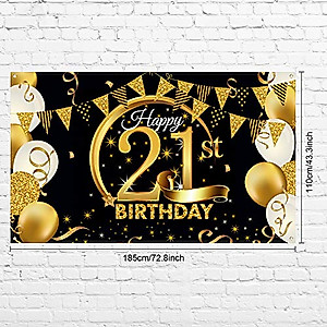 Birthday Party Decoration Extra Large Fabric Black Gold Sign Poster for Anniversary Photo Booth Backdrop Background Banner, Birthday Party Supplies, 72.8 x 43.3 Inch (21st)