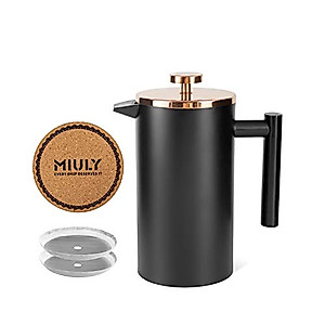 Miuly Large Coffee Press 34oz,Double Wall Insulated Black Stainless Steel French Press with Rose Gold Lid 2 Extra Filter and Coaster Mat(34oz, Black)