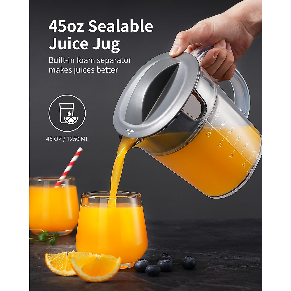 GDOR Powerful 1200W Juicer with Larger 3.2" Feed Chute, 45oz Large Juice Jug, Centrifugal Juice Extractor Maker with Titanium Enhanced Cutting System, Dual Speeds, BPA-Free, Silver