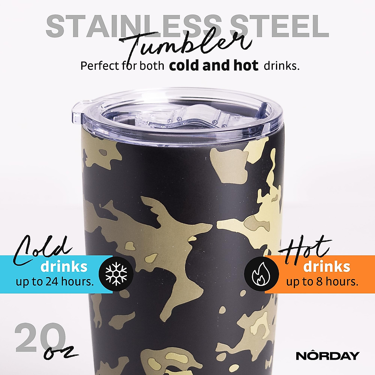 NORDAY | Tumbler Cup with Lid - 20oz - Black Camo | Vacuum Insulated Tumbler - Travel Tumbler - Stainless Steel Tumblers - Double Wall Coffee Tumbler - Keeps Temperature up to 24hr - Anti Spill Lids