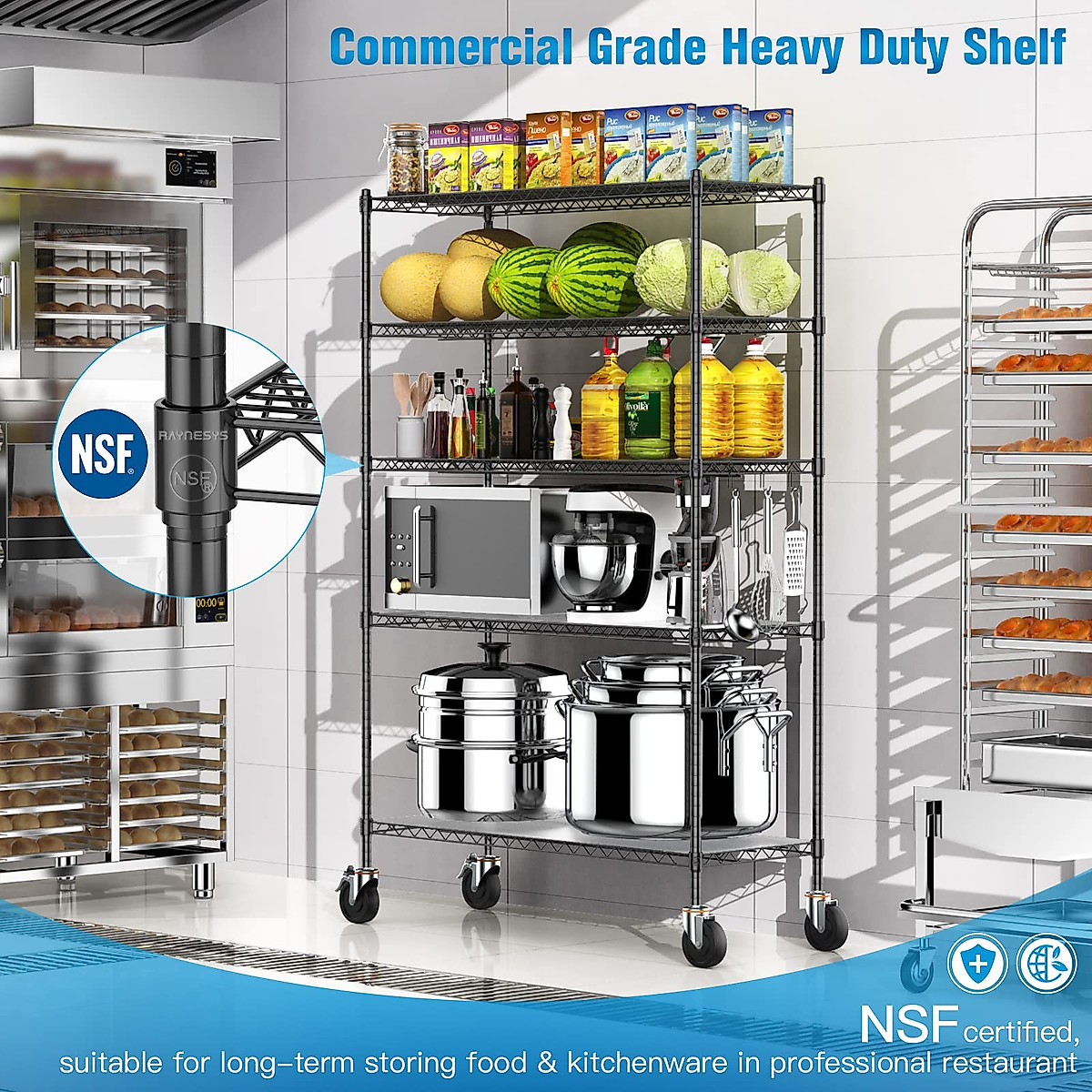 Wire Shelving with Wheels, 48x18x72 Inch, 3000 Lbs Storage Shelves Heavy Duty, Commercial-Grade Adjustable Utility Shelf, NSF-Certified Metal Storage Rack with Shelf Liners, 5-Tier, Matte Black