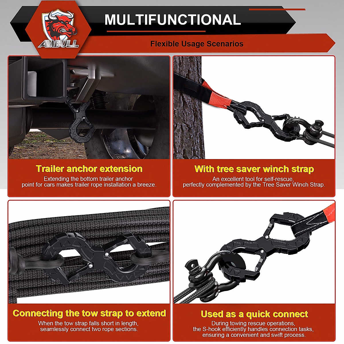 AMBULL 3/8 Tow Hook, Winch Hook for Off-Road Recovery, Towing Shackle 33000 Lbs, G80 Heavy Duty Strength Integrated Winch Quick Shackle, Black