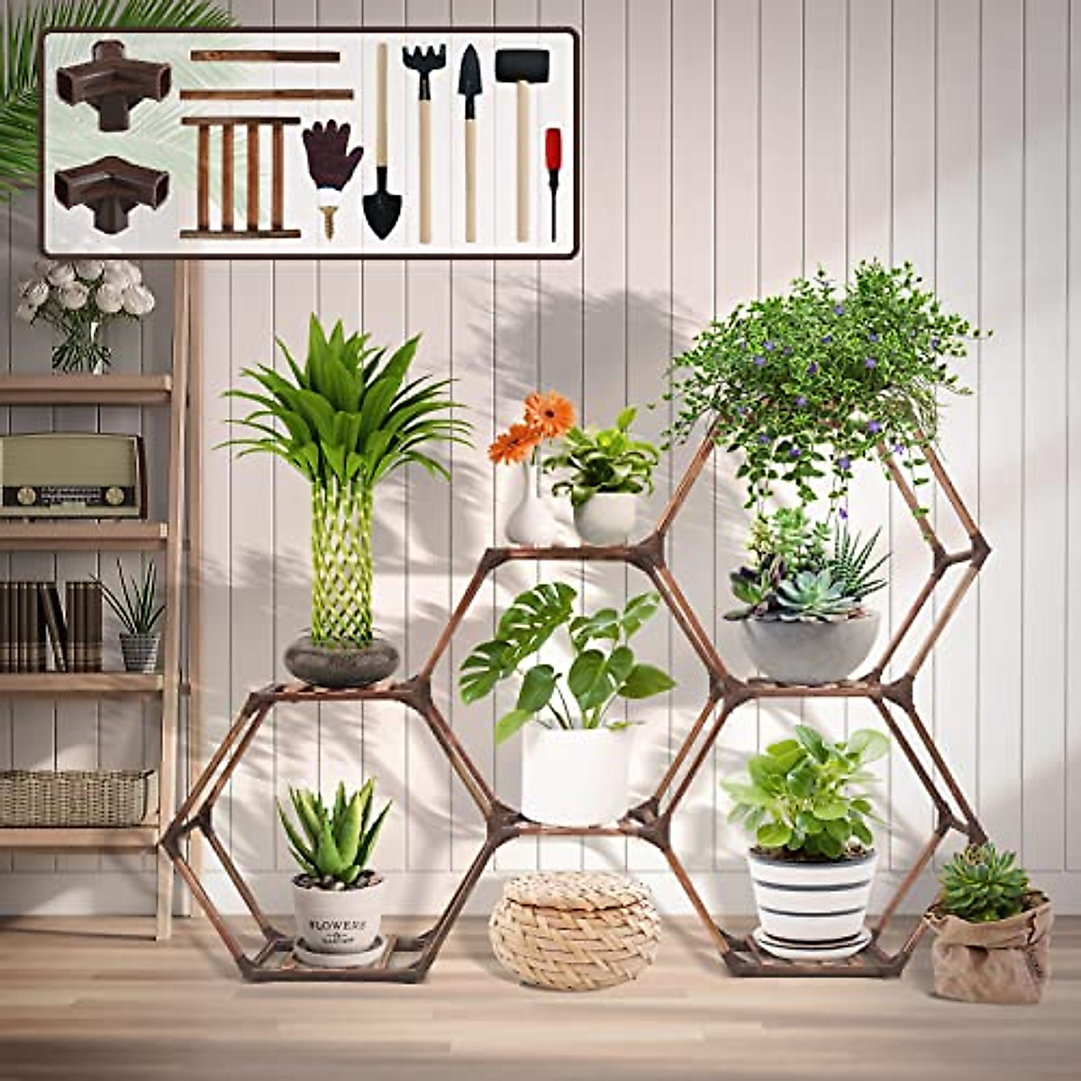 WASUMI Hexagonal Plant Stand Indoor, Plant Shelf Large 7 Tiers Wood Plant Stands Outdoor for Multiple Plants, DIY Flower Potted Plant Holder for Corner, Balcony, Patio, Garden, Living Room