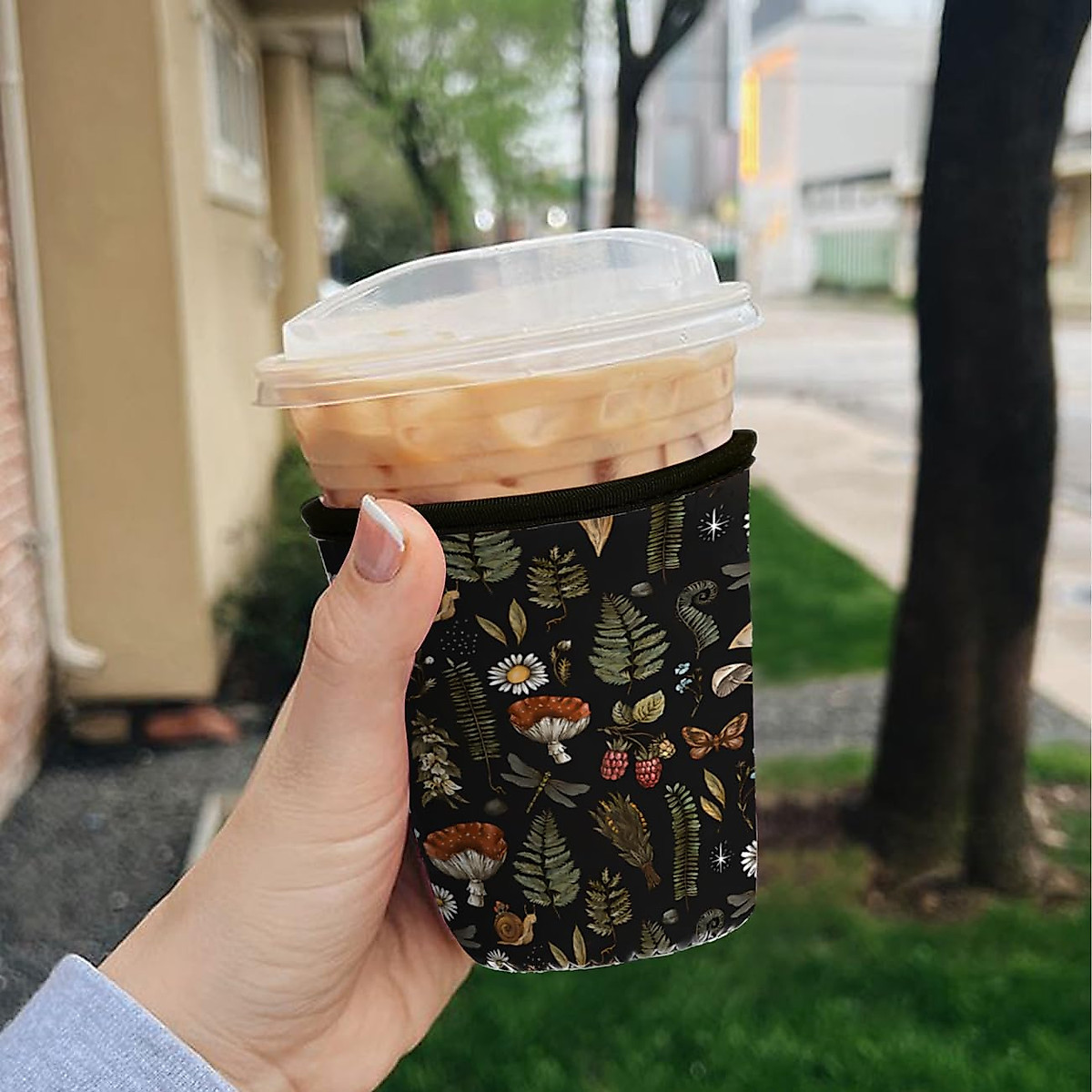 Reusable Insulated Neoprene Iced Coffee Cup Sleeve, Durable Drink Sleeve for Cold Beverages, Beverage Holder for iced coffee (Mushroom Mirage)