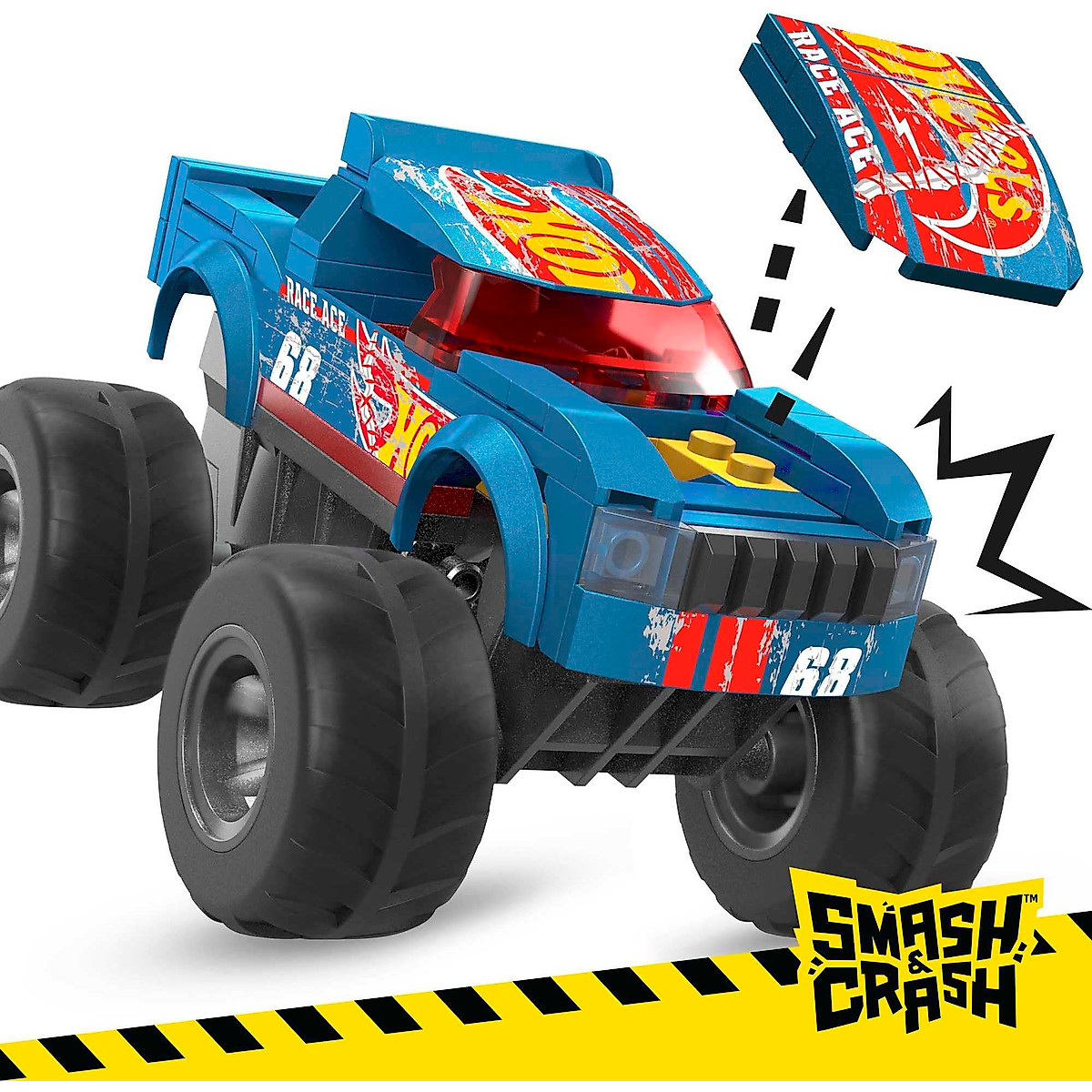 Mega Hot Wheels Monster Trucks Building Toy Car, Smash & Crash Race Ace with 85 Pieces, 1 Micro Action Figure Driver, Blue, Kids Age 5+ Years
