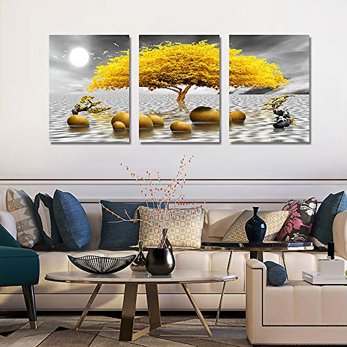 Wall decorations for living room Canvas Wall Art for bedroom Abstract wall decor Black and white Canvas Art Yellow tree paintings bathroom Home Decoration 3 Piece Hang Pictures Office Wall Artworks