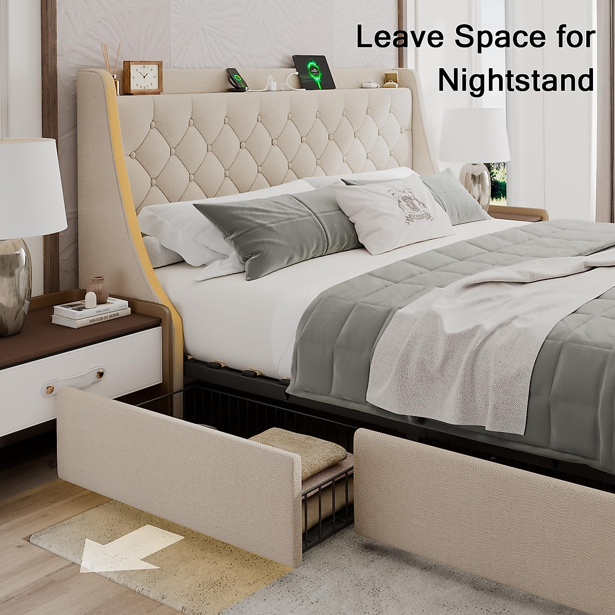 Einhomn Upholstered King Size Bed Frame with 4 Storage Drawers, Platform Bed Frame with Wingback Headboard, Charging Station, No Box Spring Needed, Beige