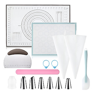 Silicone Baking Mat Kit, Non-Stick Food Grade Silicone Mats Set of 2 Half Sheet Macaron Mats, 6 Piping Tip,2 Piping Bag and 2 Tie Heat Resistant,BPA Free-Reusable Nonstick Liners for Baking Pans