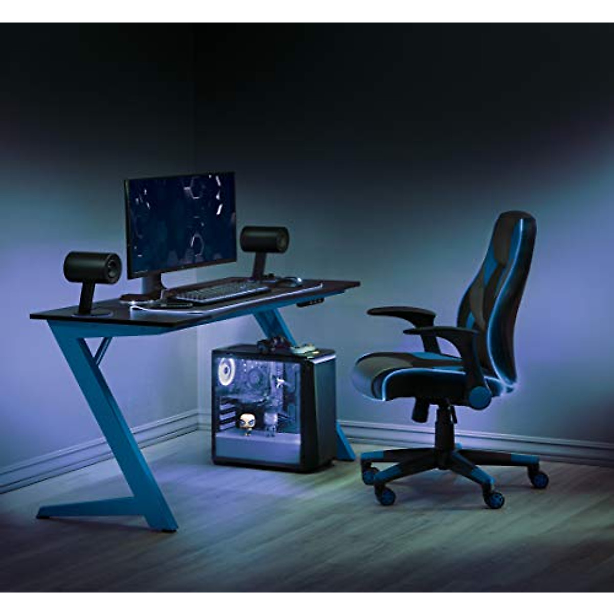 OSP Home Furnishings Beta Battlestation Gaming Desk with Bluetooth RGB LED Lights, Matte Blue
