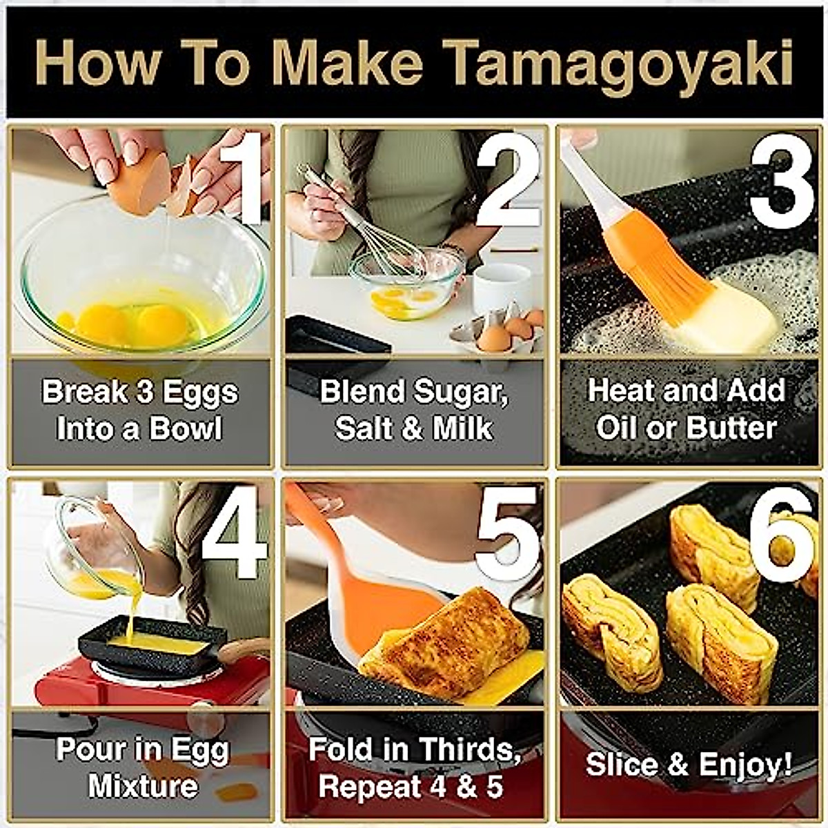 Oleex Tamagoyaki Pan Set – Japanese Omelette Pan with Kitchen Cooking Tools Like Musubi Mold, Spatula & Other Omelet Accessories – Multifunctional PFOA-Free Nonstick Square Frying Pan – 5 x 7 Inches