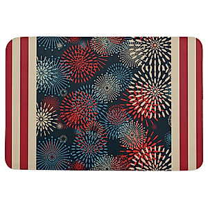 July 4th Bath Rugs US Flag Firework Independence Day Holiday Sponge Doormat Absorbent Non Slip Backing Flannel Mat Colorful Stripes Red Memory Foam Mats for Bathroom Kitchen16 x24