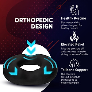 Donut Pillow Seat Cushion Orthopedic Design| Tailbone & Coccyx Memory Foam Pillow | Relieve Pain and Pressure for Hemorrhoid, Pregnancy Post Natal, Surgery, Sciatica (Black)