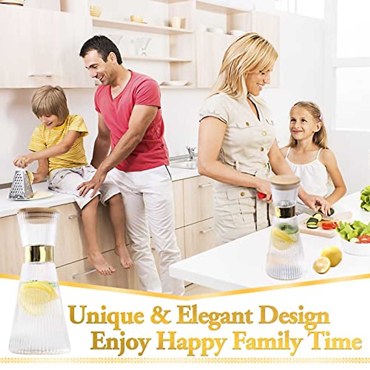 DUJUST Ribbed Glass Carafe with Lid (34oz), Elegant Water Carafe with Gold Decoration, Crystal Glass Carafe, with Thickened Bottom, for Juice, Milk, Tea, Food-Grade Silicone, Leak-proof