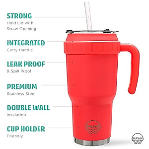Mayim 40oz Tumbler with Handle, Travel Coffee Mug or Insulated Water Bottle with Straw and Lid, Leak Proof Stainless Steel Double Wall Thermos for Home, Office or Car - Neon Orange