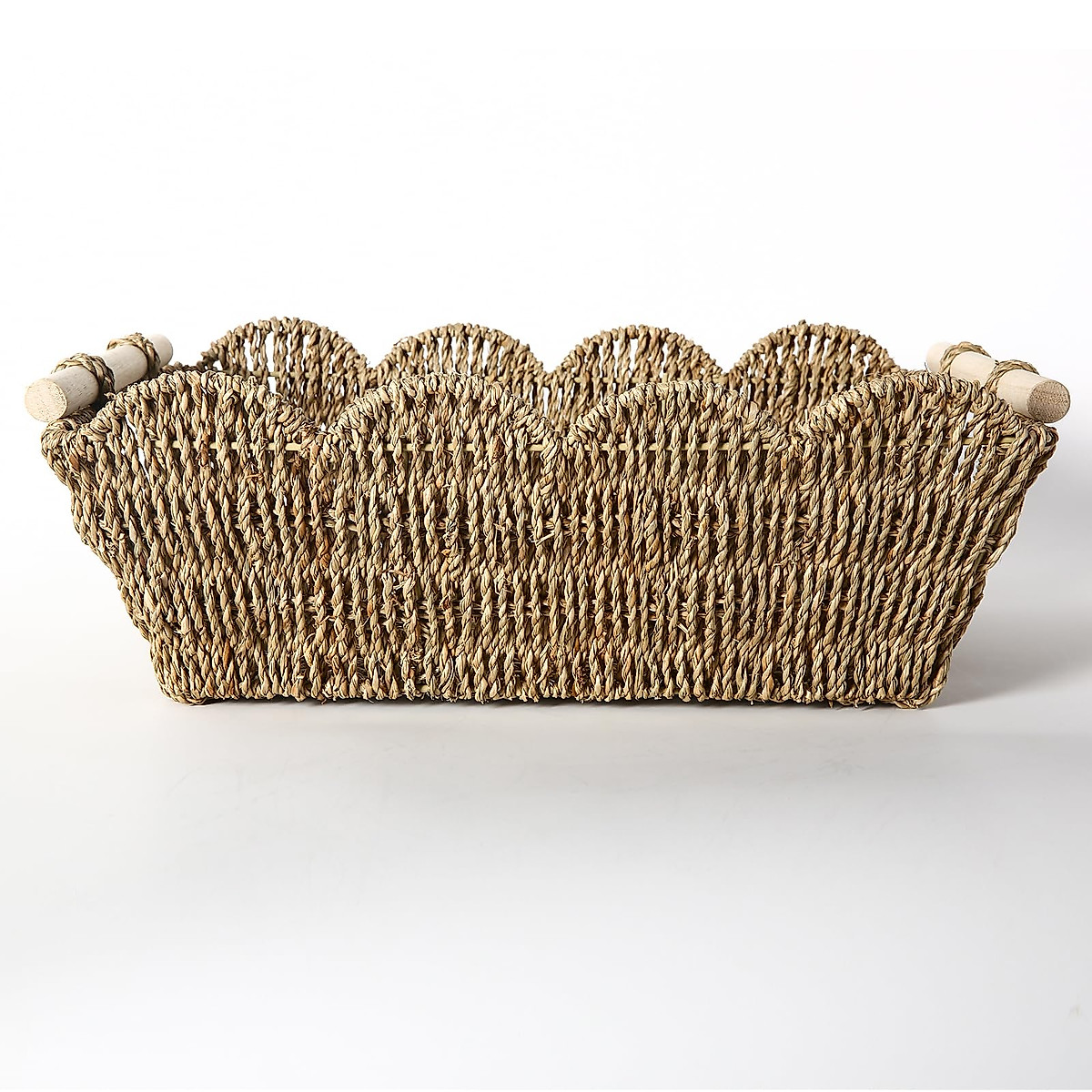 Scalloped Edge Basket with Wooden Handle, Water Hyacinth/Seagrass/Wicker Storage Baskets, Hand Woven Baskets for Shelves,Natural Baskets for Organizing (Seagrass, 16.5 * 12.6 * 5.5“)