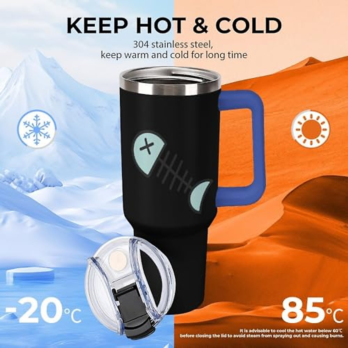 Cartoon Fish Bone 40oz Water Bottle Double Wall Insulated Tumbler with Handle Leakproof Travel Mug Deep Blue-style