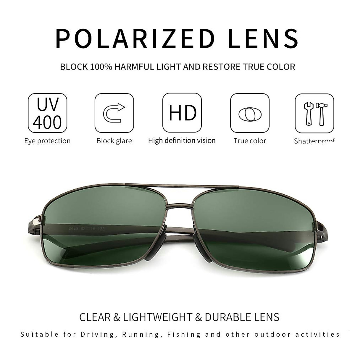 SUNGAIT Ultra Lightweight Rectangular Polarized Sunglasses UV400 Protection (Gunmetal Frame Green Lens, 62) Metal Frame 2458 QKMLV