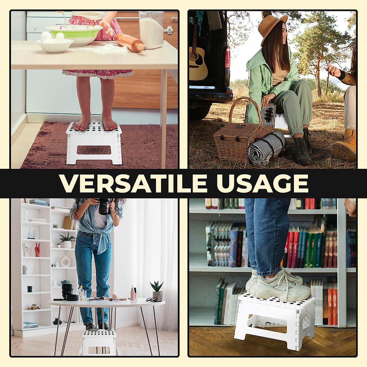 Utopia Home Folding Step Stool - (Pack of 1) Foot Stool with 9 Inch Height - Holds Up to 300 lbs - Lightweight Plastic Foldable Step Stool for Kids, Kitchen, Bathroom & Living Room (White)