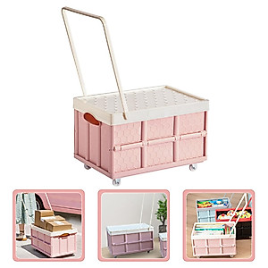 Cabilock Grocery Cart Foldable Storage Bin Collapsible Storage Box Lidded Clothes Storage Box Utility Wagon Beach Camping Garden Shopping Cart with Wheel for Grocery Container Pink