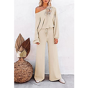 Pink Queen Women's 2 Piece Knit Sweatsuit Puff Sleeve Cropped Sweater Top and Long Pants Tracksuit Lounge Set Beige XL