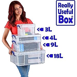 Really Useful Box 4C Plastic Stackable Storage Container with Snap Lid and Built In Clip Lock Handles for Home and Office Organization, Clear