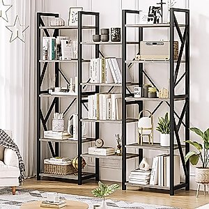 IDEALHOUSE Triple Wide 5 Tier Book Shelf, Tall Bookshelf with Open Display Shelves, Industrial Large Bookshelves and Bookcases with Metal Frame for Living Room, Bedroom, Home Office-Grey