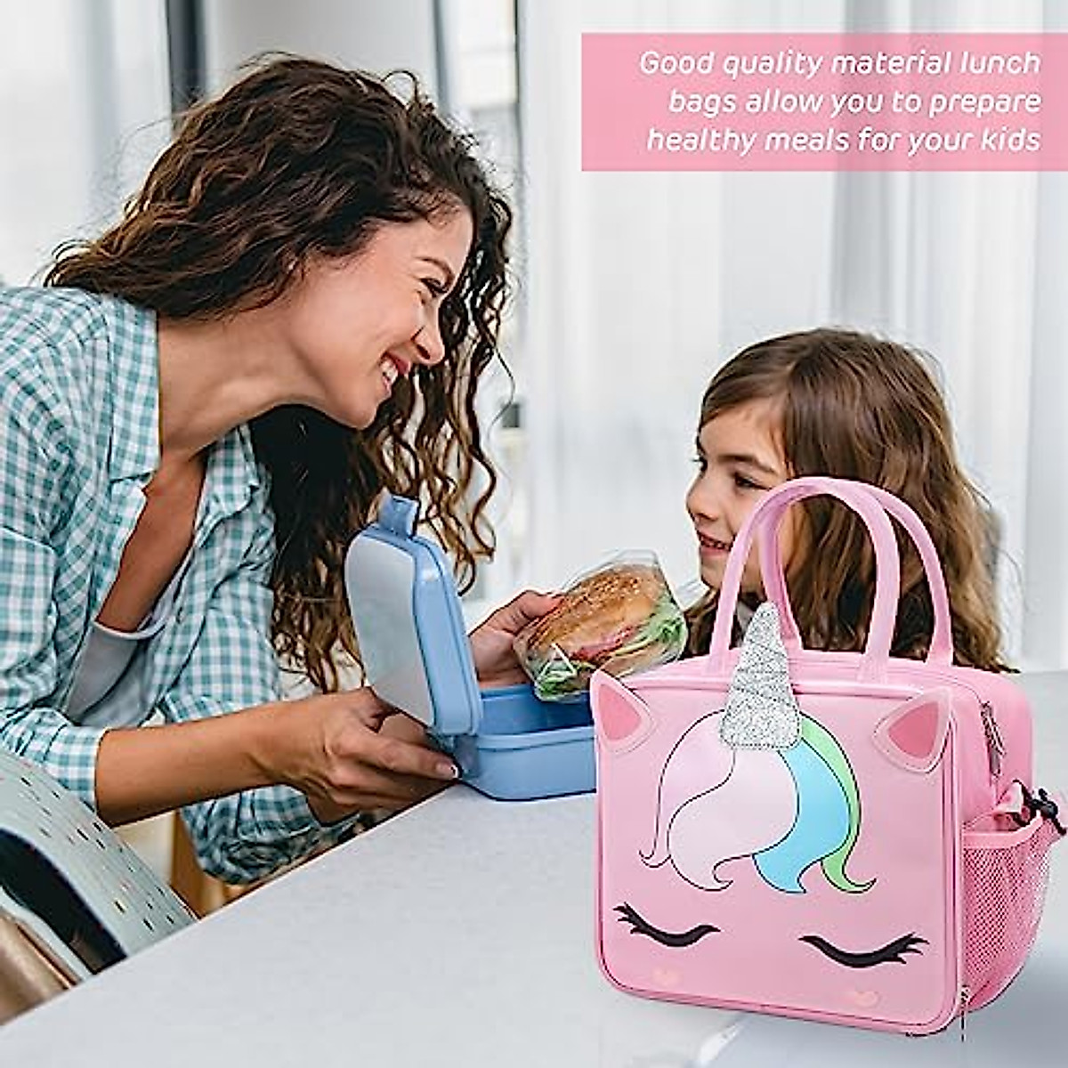 Korlon Unicorn Lunch Box for Girls, Insulated Pink Bento Lunch Bag for Girls Kids Adults Boys Men Women, Girls Lunchboxes for School with Adjustable Shoulder Strap & Water Bottle Holder