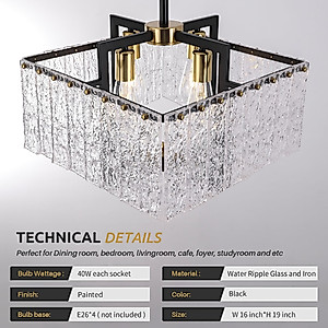 KINGTORO Modern Crystal Chandelier,16" Black Chandeliers for Dining Room, Adjustable Height,Water Ripple Glass,Hanging Pendant Light Fixture for Kitchen Island Entryway Foyer Hallway Living Room