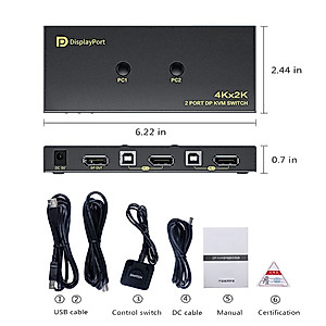 DP KVM Switch 1 Monitors 2 Computers, 2 Port Displayport KVM Switch Share USB 2.0 Devices with 3 USB Hub for 4K@60Hz, 2K@144Hz, 2K@120Hz with Extension Control Switch and 2 USB Cable