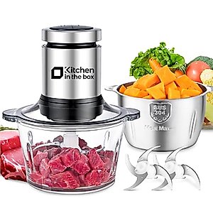 Kitchen in the box Food Processors,Small Meat Grinder & Food Chopper Electric Vegetable Chopper with 2 Bowls (8 Cup+8 Cup)& 2 Bi-Level Blades for Meat/fish/Vegetable/Baby Food，400 W (Black)