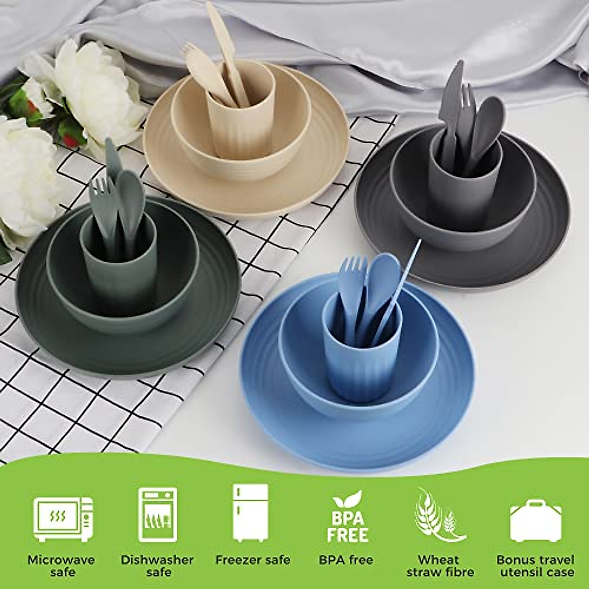 AR Kitchen Wheat Straw Dinnerware Set - 28-Pcs Unbreakable Dinnerware Set with Plates, Bowls, Cutlery, Drinking Cups - Eco-Friendly Natural Wheat Straw - Non-BPA Food-Grade Microwave-Safe Dinnerware