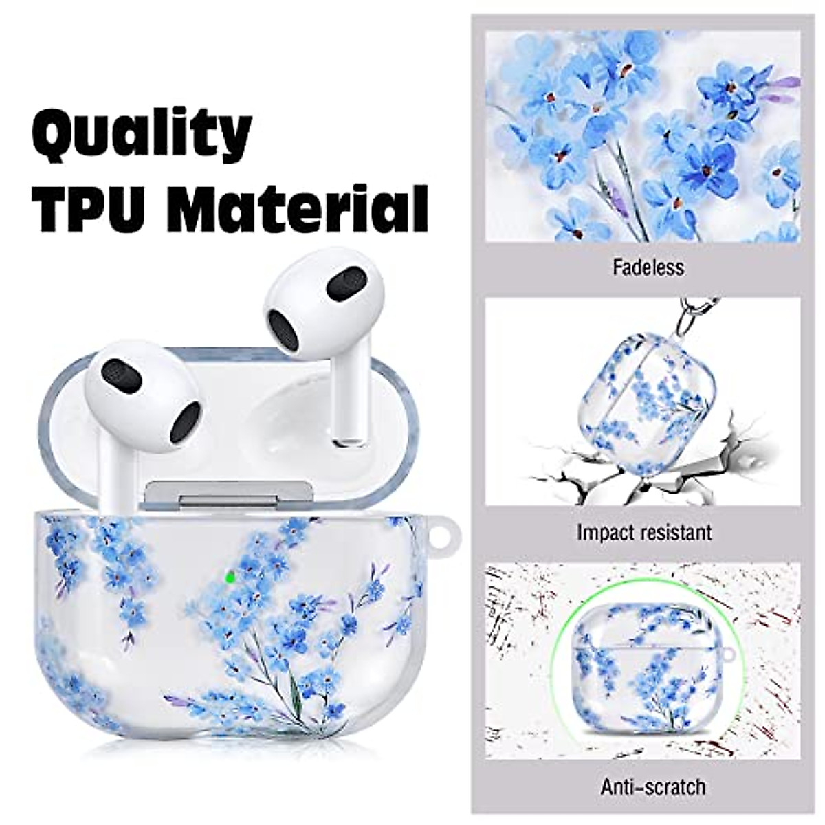 Airpods 3 Case Cover, QINGQING Compatible with Protective Clear Floral Case Cover with Keychain Airpods 3rd Generation Charging Case (2021 Released), Shockproof and Skin-Friendly, Front LED Visible