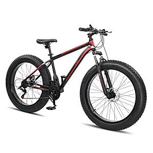 Ktaxon 26 Inch Bike Mountain Bike 4" Fat Tire Bike with 21-Speed Shifting System, Unmatched High-Carbon Steel Frame, Excellent Welding Technology, All Terrain Tires and 85% Assembled (Red&Black)