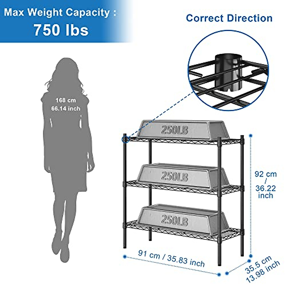 SZQINJI 3-Shelf Storage Wire Shelves Heavy Duty 3 Tiers Standing Shelving Units Adjustable Metal Organizer Wire Rack, Black