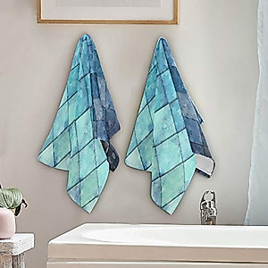 ZOEO Mermaid Face Towel Set of 2, Ocean Blue Teal Mermaid Fish Scales Geometric Rhombus Hand Towel Dish Towels Cotton Bath Decor Set for Kids 30x15 inch Gym Yoga Towels for Mothers Day