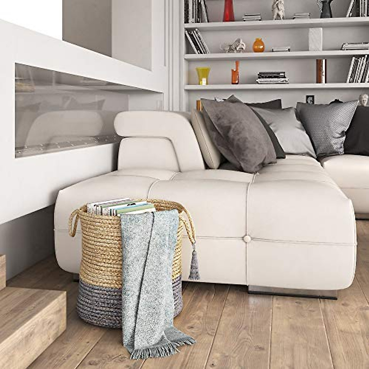 LR Home Two-Tone Natural Jute Woven Decorative Storage Handles Baskets, 17" x 17" x 17", Tan/Gray