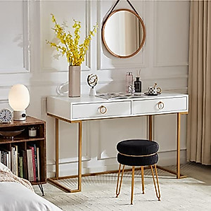 Soohow Velvet Vanity Chair for Makeup Room, Upholstered Foot Stool Vanity Stool, 360° Swivel Round Ottoman Foot Rest Makeup Chair, Vanity Bench Foot Stools Ottoman with Metal Legs for Living Room