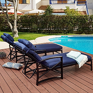 PatioFestival Patio Chaise Lounge Outdoor Adjustable Back Cushioned Chairs All Weather Steel Frame Lounger with Blue Pillow(2Pcs)