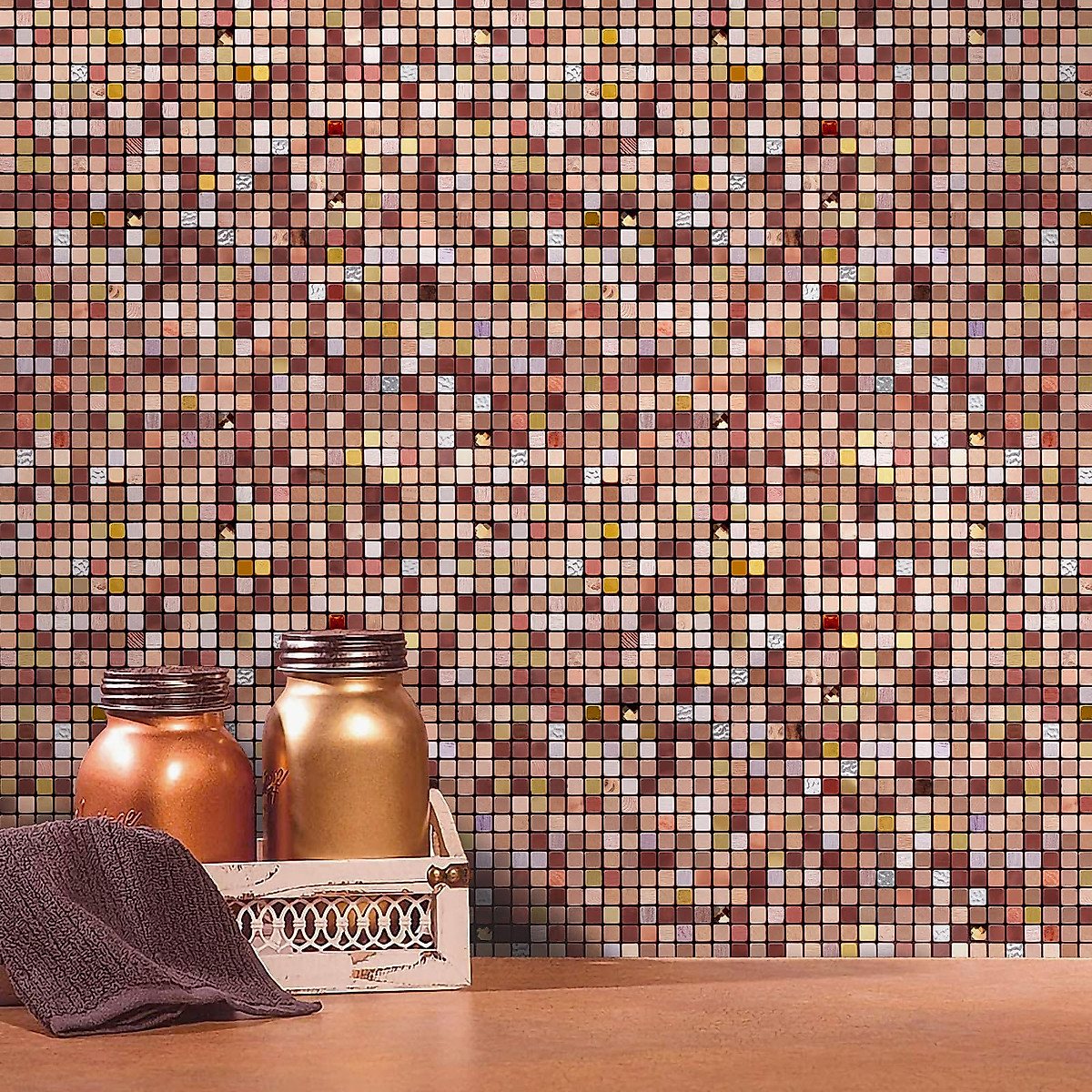HomeyMosaic 10-Sheet Peel and Stick Backsplash Tile Stick on Kitchen Bathroom Fireplace Plaid Glass in Gradient Copper