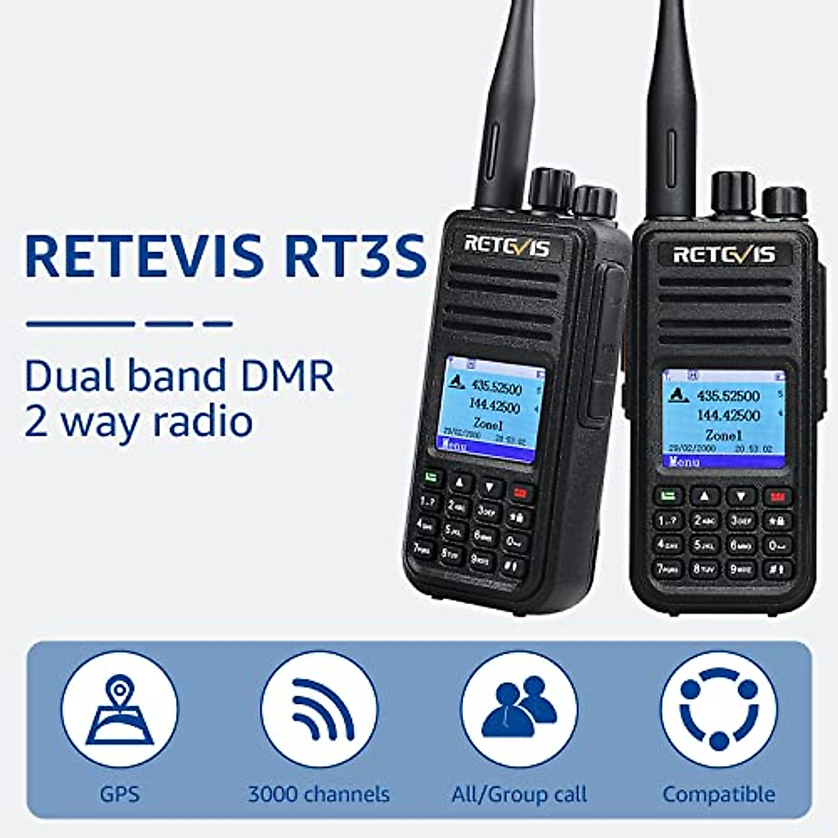Retevis RT3S Dual Band DMR Radio, Digital Analog 2 Way Radio with GPS APRS, 3000Ch 10000 Contacts 2000mAh, Long Range Handheld Walkie Talkie for Traveling Hiking (Black 1 Pack)