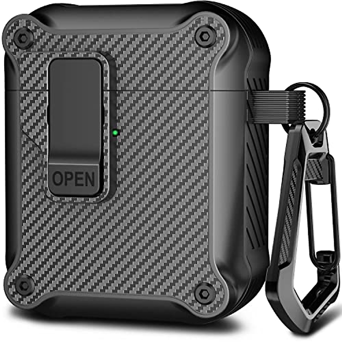 R-fun Airpods Case Cover with Automatic Secure Lock Clip, Protective Rugged Hard Shell for Apple Airpods 2nd & 1st Generation Charging Case with Carbon Fiber Keychain-Black