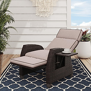 Grand patio Outdoor Recliner Moor Lay Flat Recliner with Flip Table Push Back Wicker Reclining Lounge Chair Flax
