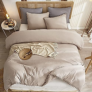 LIFETOWN Pom Pom Duvet Cover Queen Size, Boho Bohemian Farmhouse Microfiber Duvet Cover Set 3 Pieces, 1 Solid Taupe Duvet Cover, 2 Pillowcases, Beathable and Lightweight
