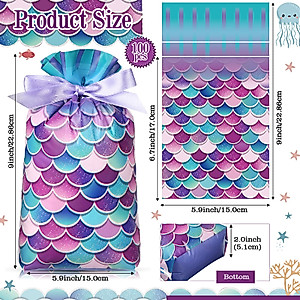 Pasimy 50 Pcs Mermaid Party Favor Bags 6x9 Inch Mermaid Scales Plastic Favor Bags Under the Sea Goodie Candy Bags Plastic Drawstring Bags Mermaid Birthday Bags for Girl Mermaid Party Supplies
