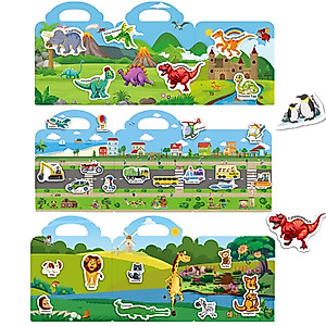Reusable Stickers Book for Toddlers,Dinosaur, Animal and Vehicle Static Sticker for Kids Activity Books Learning Toys Birthday Christmas Gifts