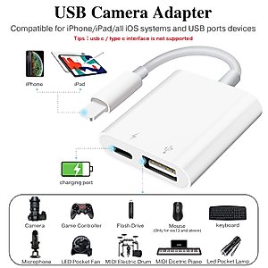SUNTRSI USB Camera Adapter with Charging Port,Portable USB Female OTG Adapter suitable for iPhone iPad, iPad to USB Adapter Plug and Play Support Card Reader
