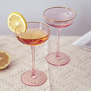 REAWOW Pink Champagne Glasses 5 OZ Champagne Coupe Glasses Classic Cocktail Glassware Gilded Dessert Cup Creative Unique Gift Set of 2