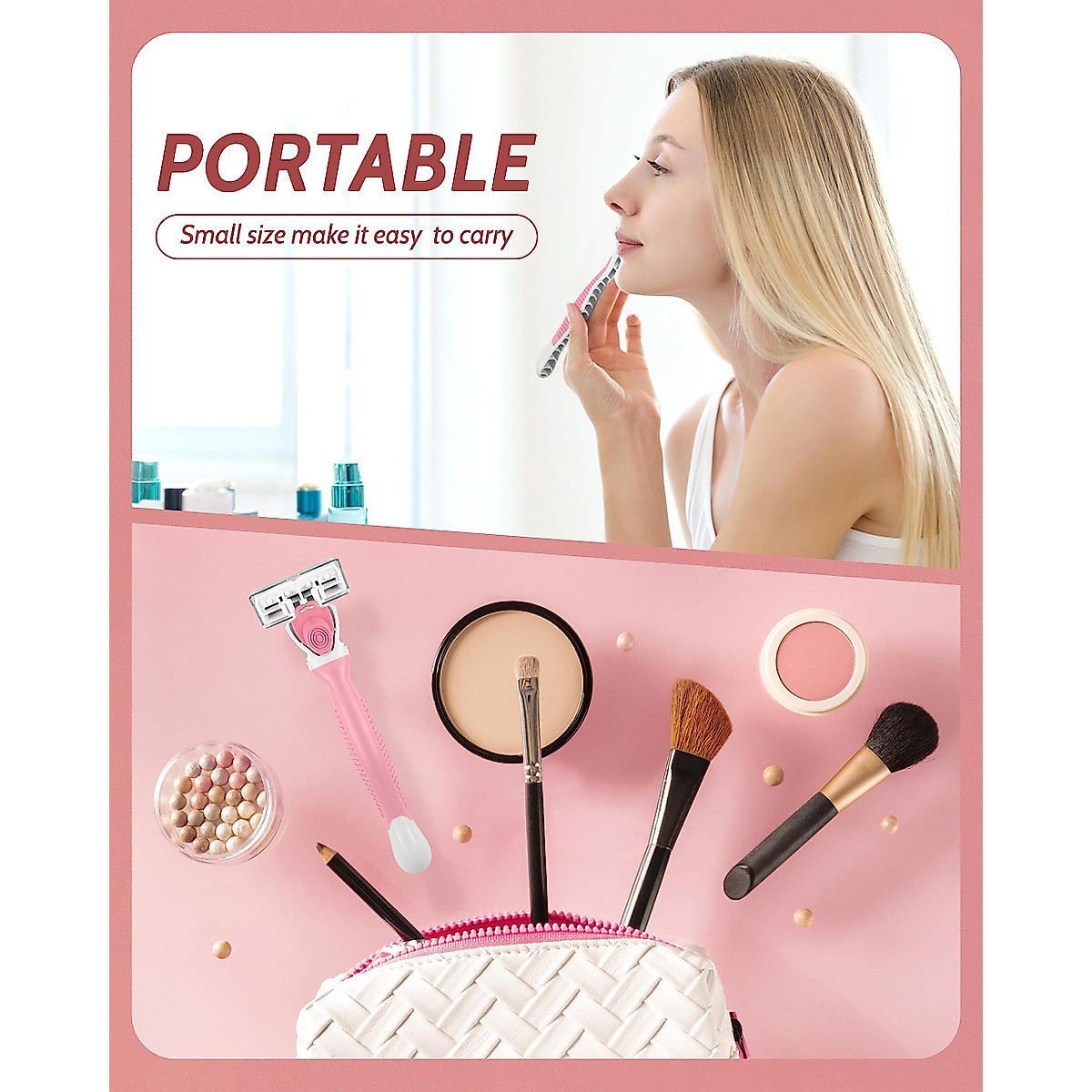 Razors for Women Sensitive Skin, 6 Blades Women’s razors for Shaving Including 1 Travel Razors for Women with 12 Blade Refills， Pink