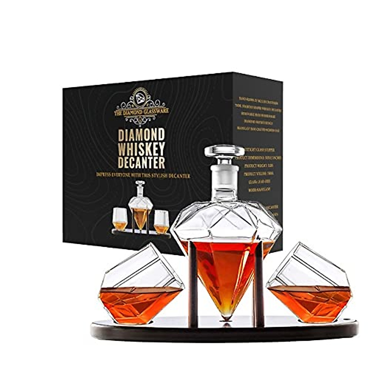 Whiskey Decanter Diamond shaped With 2 Diamond Glasses & Mahogany Wooden Holder – Elegant Handcrafted Crafted Glass Decanter For Liquor, Scotch, Rum, Bourbon, Vodka, Tequila – Great Gift Idea – 750ml